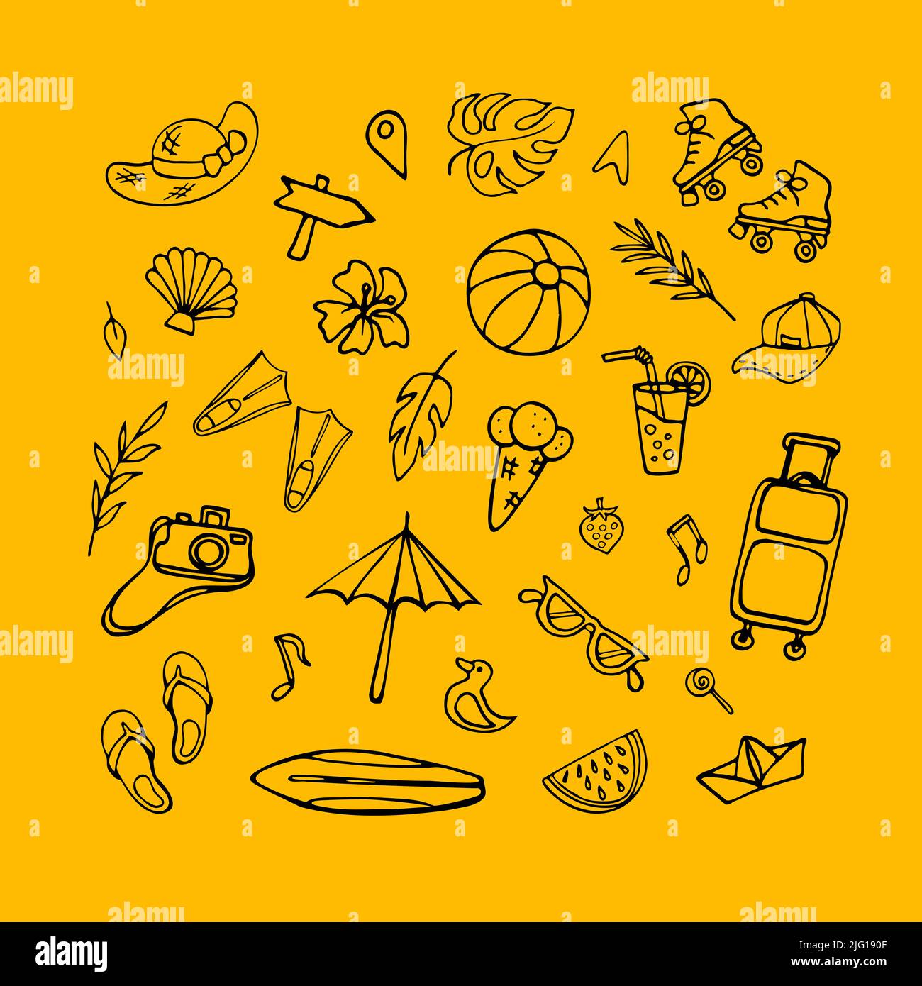 Summer resort doodle clipart. Set of black outline objects on yellow ...
