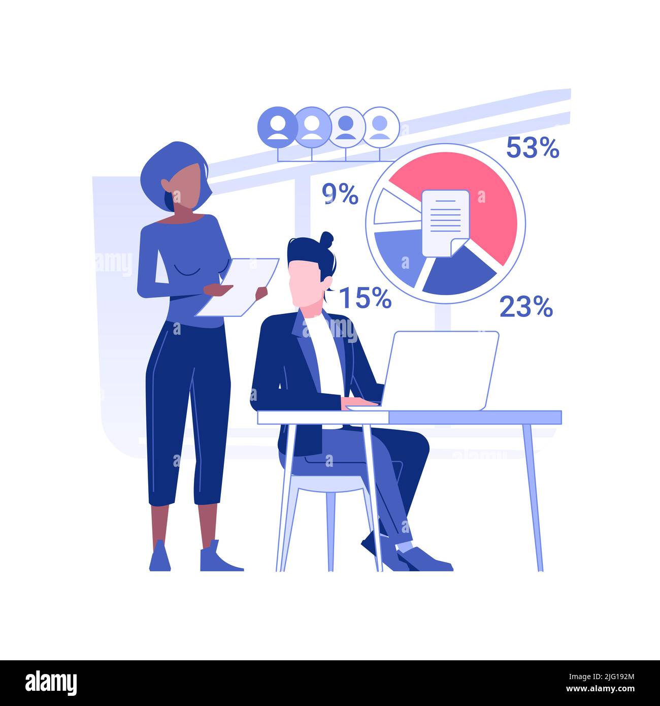 Secretary isolated concept vector illustration. Secretary shows boss ...