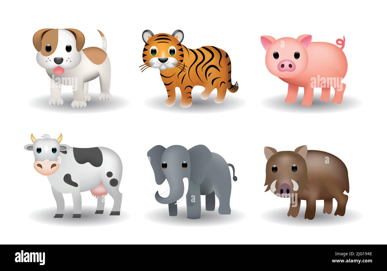 Set of standing animals vector emoji illustration. Dog, cow, pig, wild ...