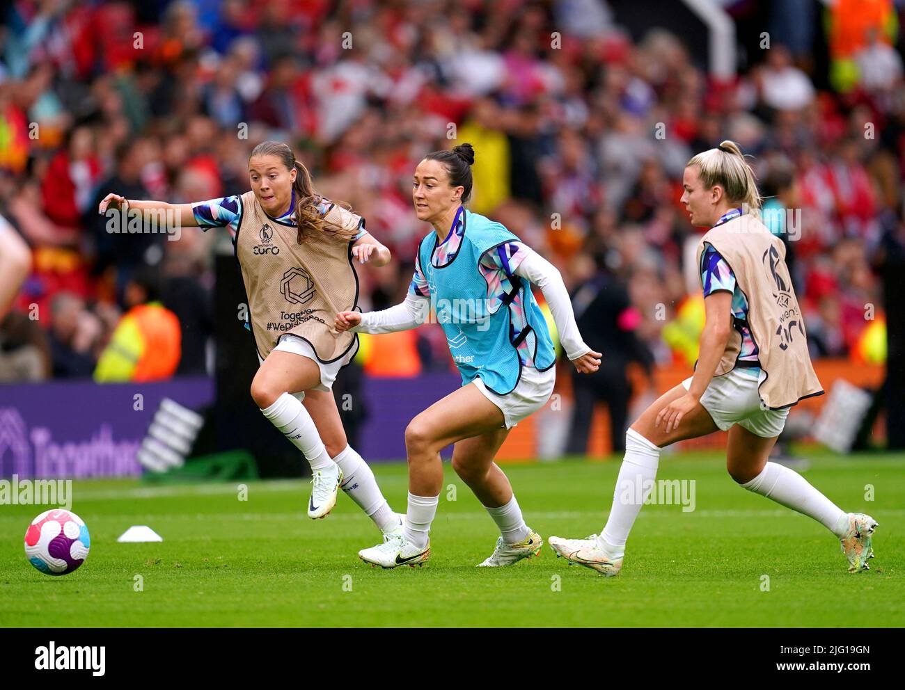 England's Lucy Bronze (centre), Fran Kirby and Lauren Hemp warm up on ...