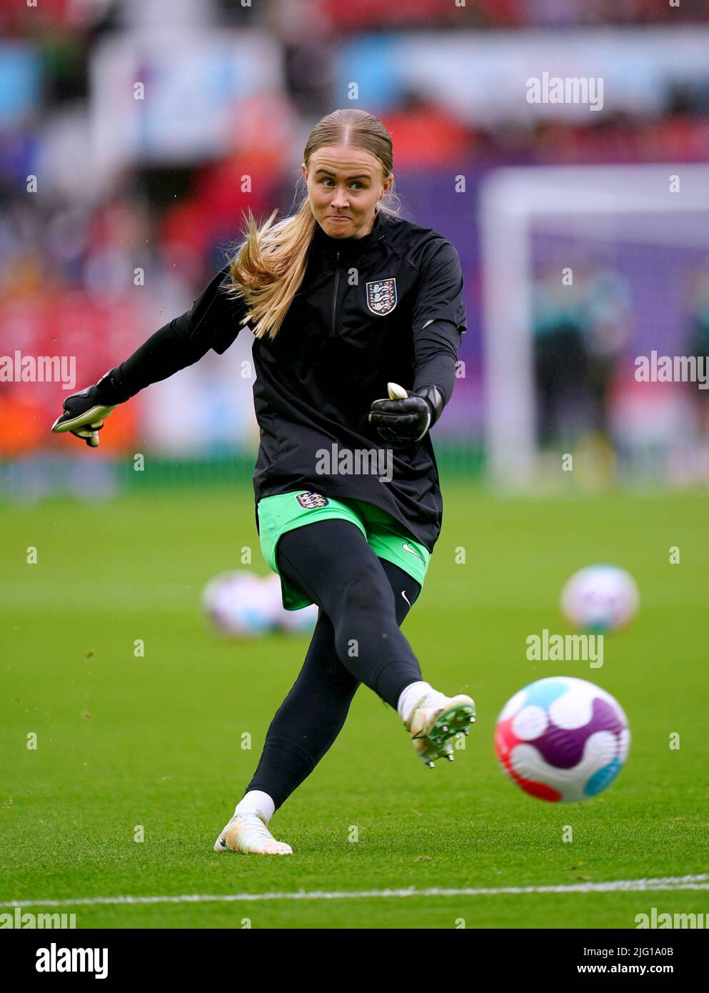 England goalkeeper Hannah Hampton warms up on the pitch ahead of the ...