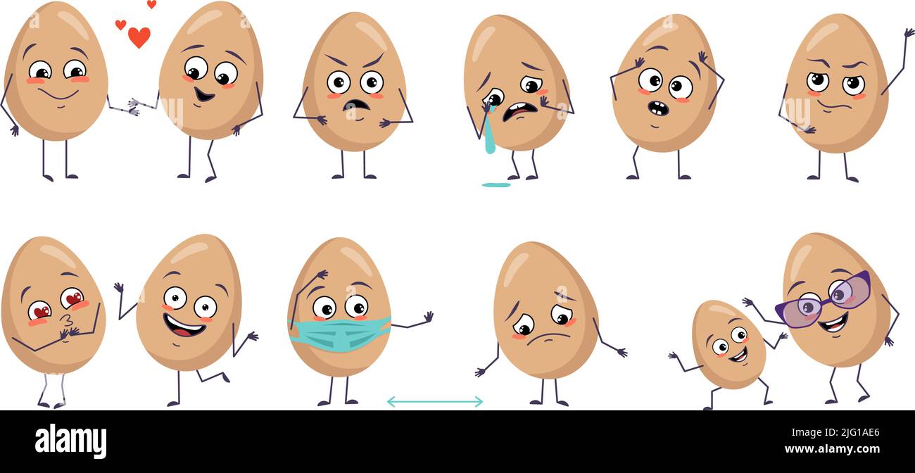 Set of cute egg characters with emotions, face, arms and legs. Happy ...