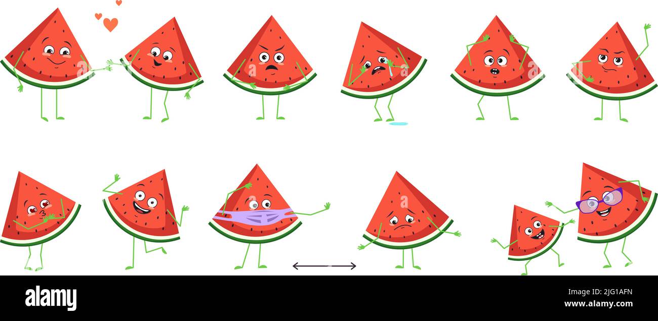 Set of cute watermelon characters with emotions, faces, arms and legs ...