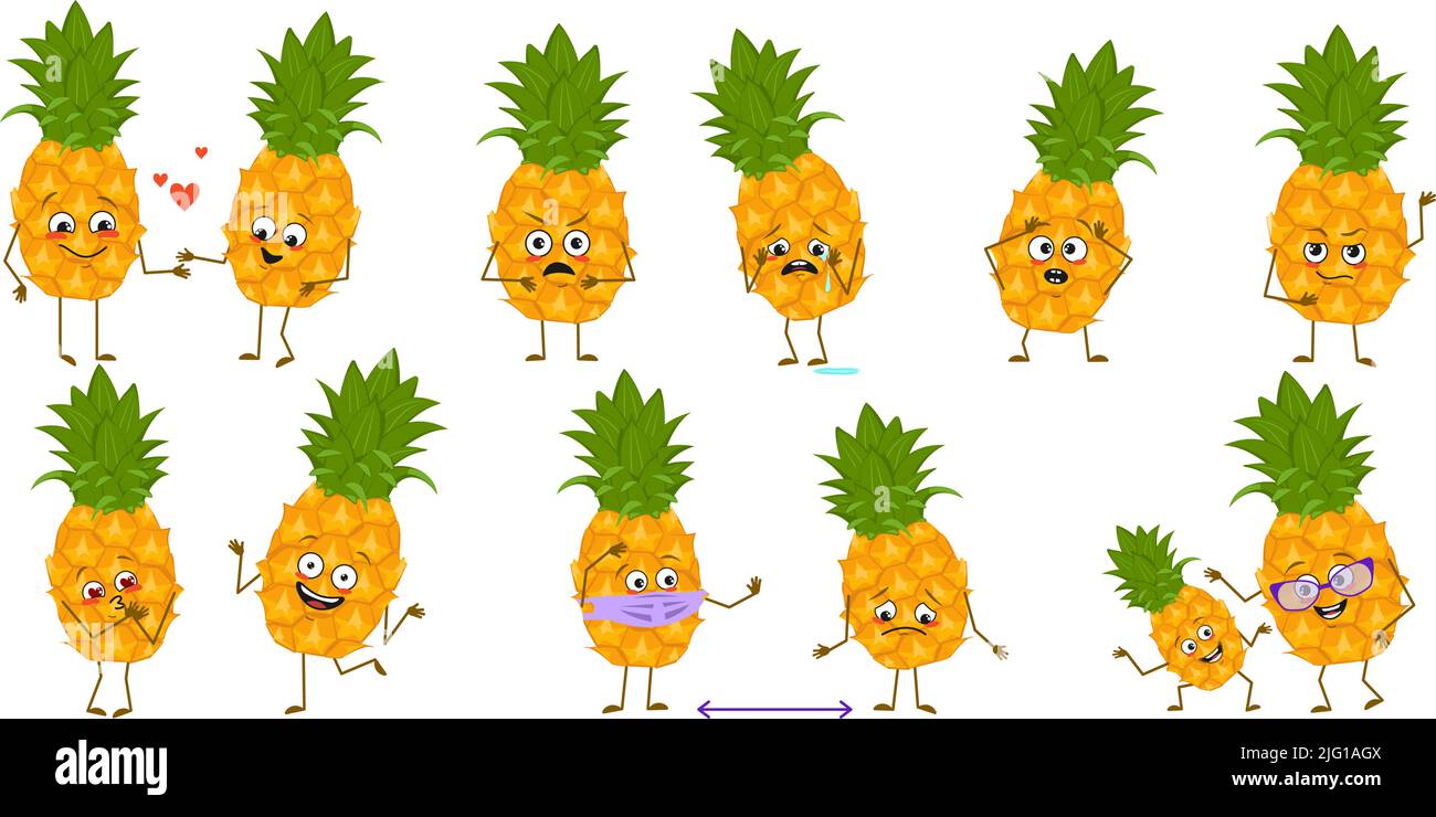 Set of cute pineapple characters with emotions, faces, arms and legs ...