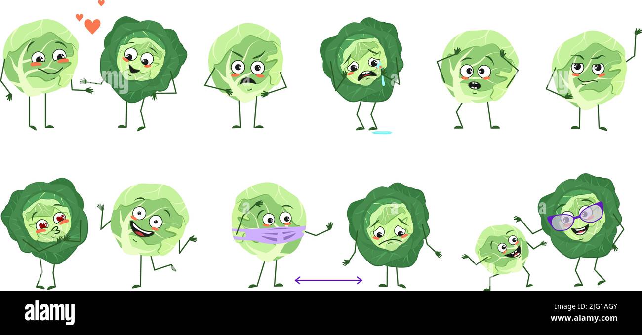 Set of cute cabbage characters with emotions, faces, arms and legs ...