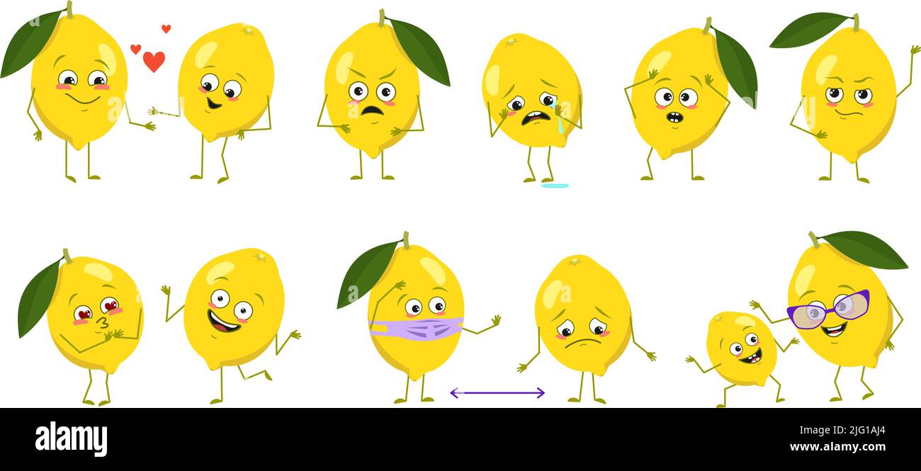 Set of cute lemon characters with emotions, faces, arms and legs. Happy ...