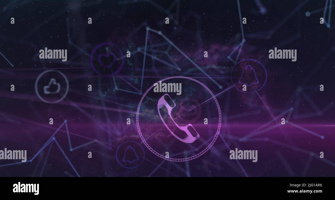 Network of digital icons against black background Stock Photo - Alamy