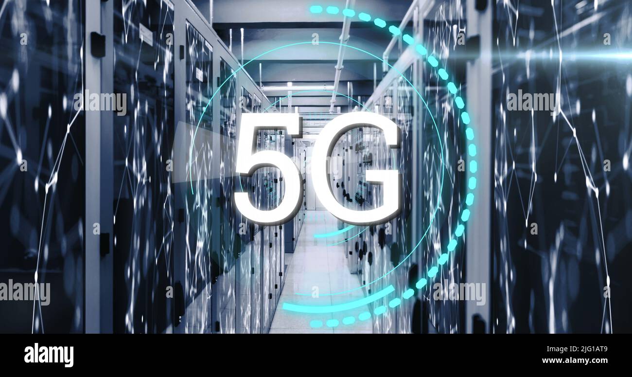 5G text on circles against network of connections over server room ...