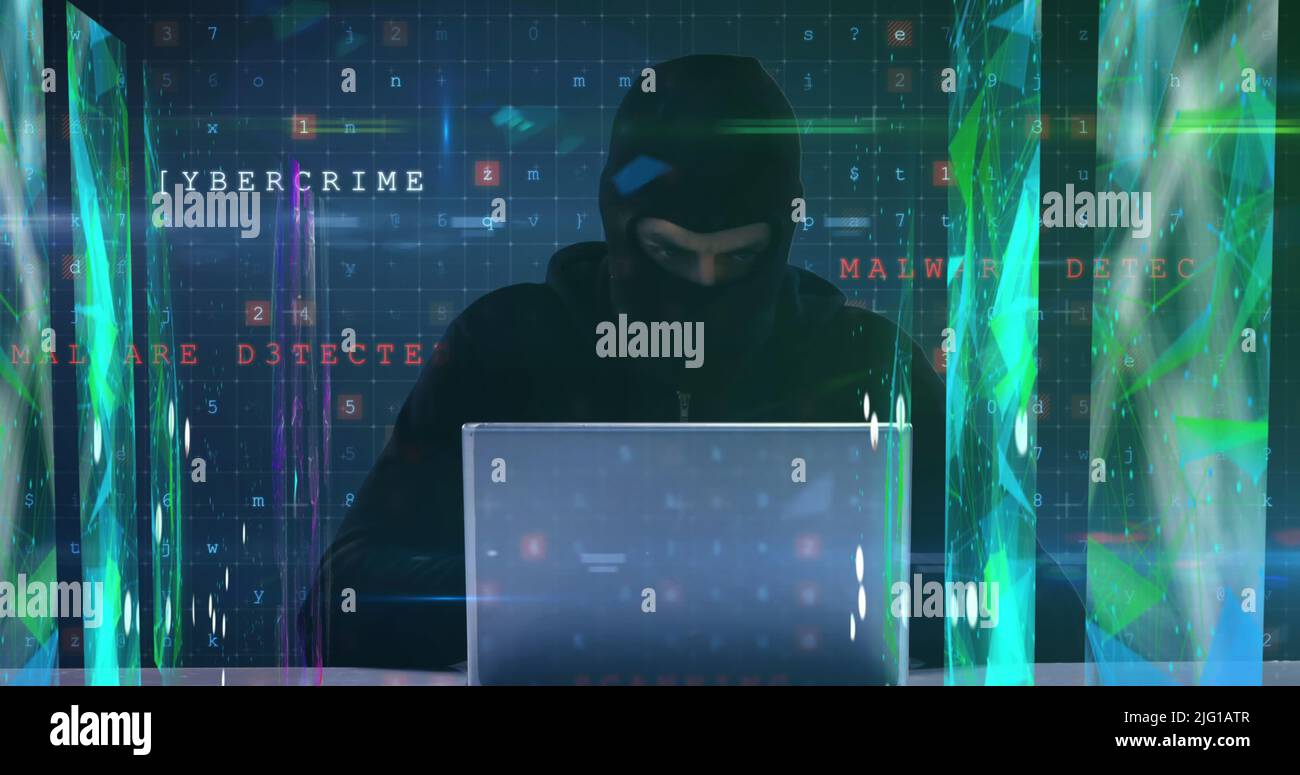 Data Processing Multiple Screens Showing Colourful Webs Of Connections Over Caucasian Hacker