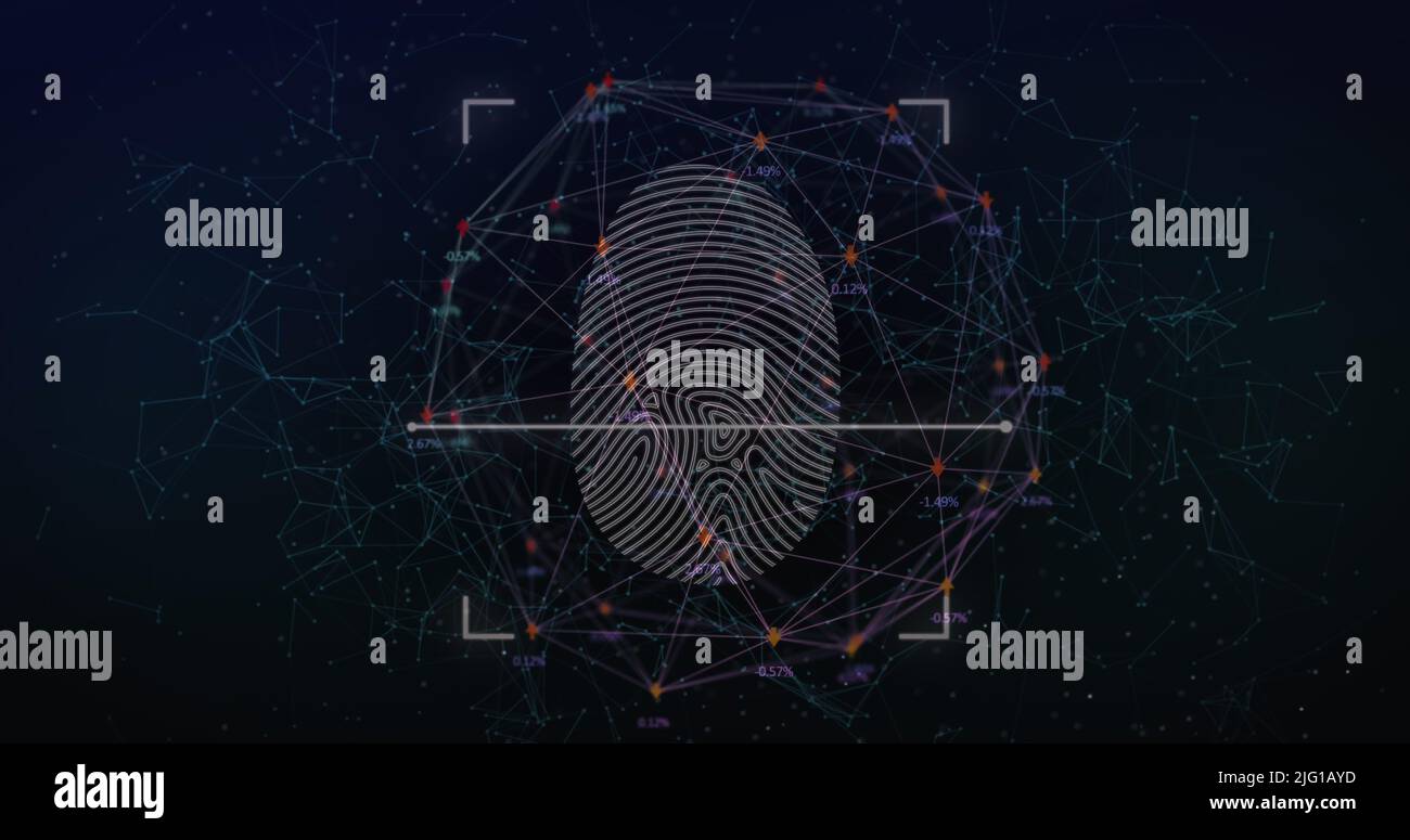 Bio metric fingerprint scanner against globe of network of connections ...