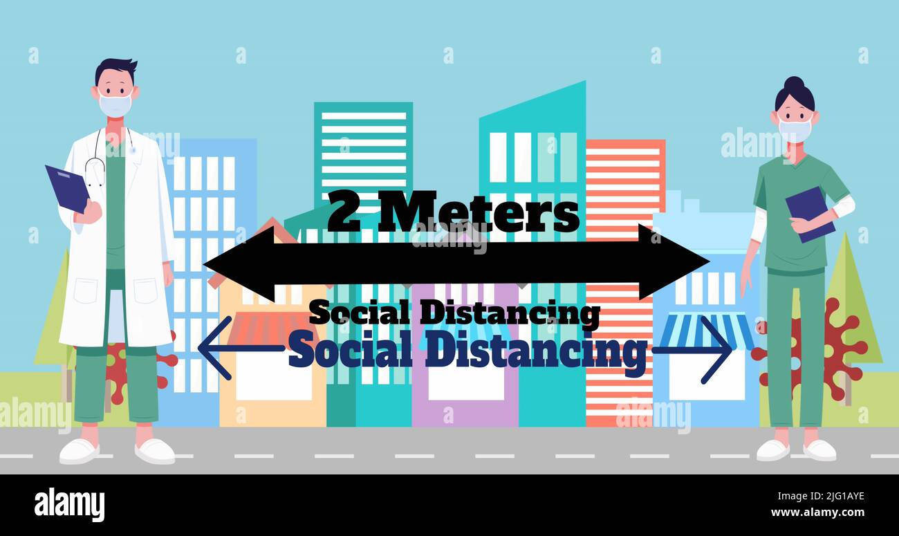 Male and female doctor maintaining social distancing against cityscape ...