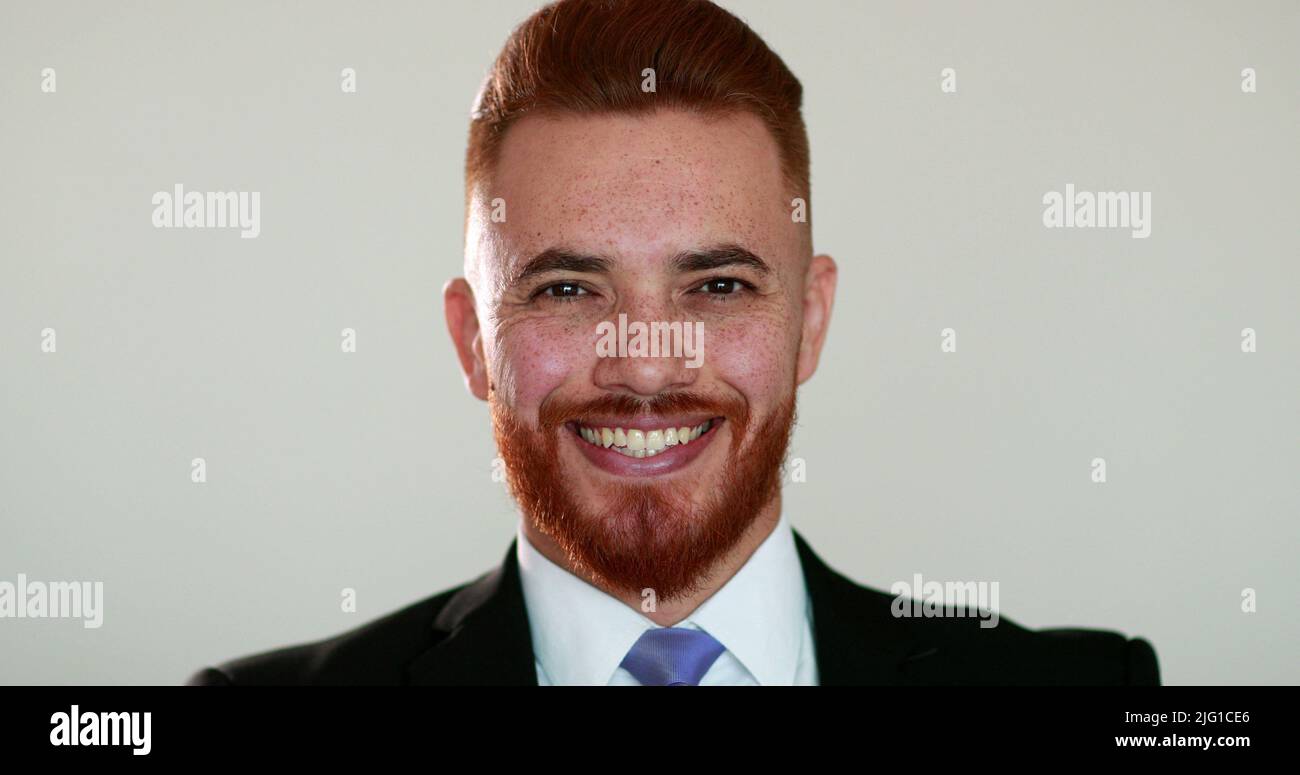 Portrait redhead man smiling to camera. Business man suit clothing ...