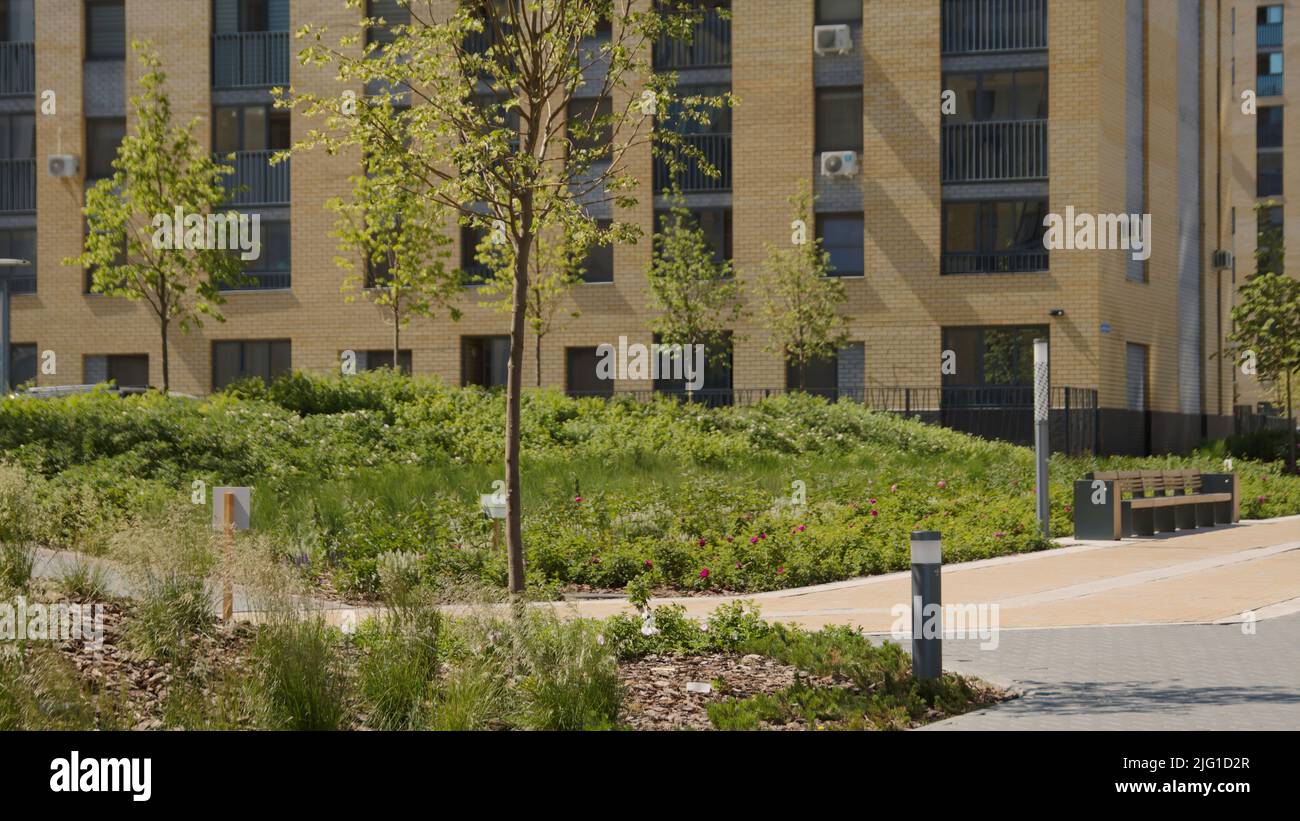 A large high-rise building.Stock footage.A bright yellow brick house ...