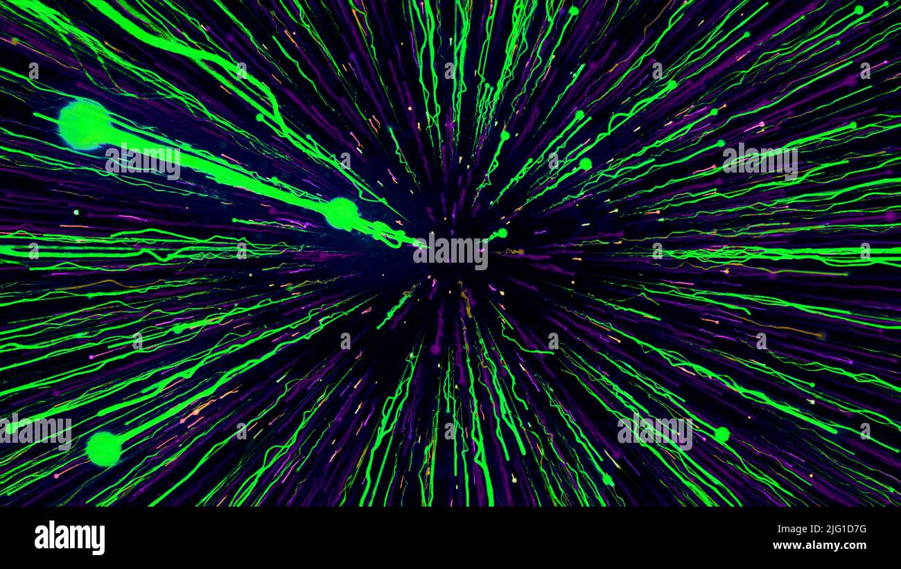 Beautiful stream of glowing colorful rays on black background. Motion ...