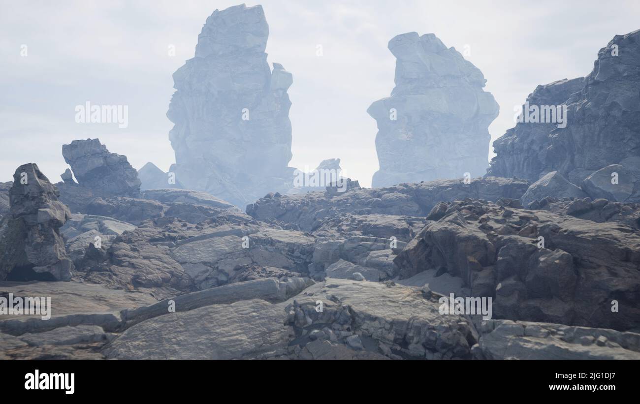 3D background with rocky landscape. Design. Desolate rocky landscape of ...