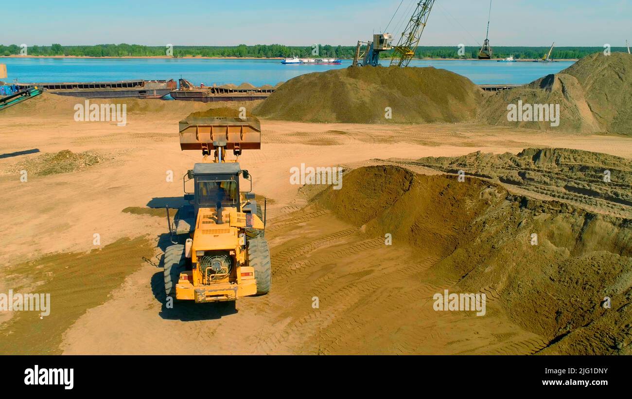 The construction process . The view from the drone. Scene . Huge lorry ...