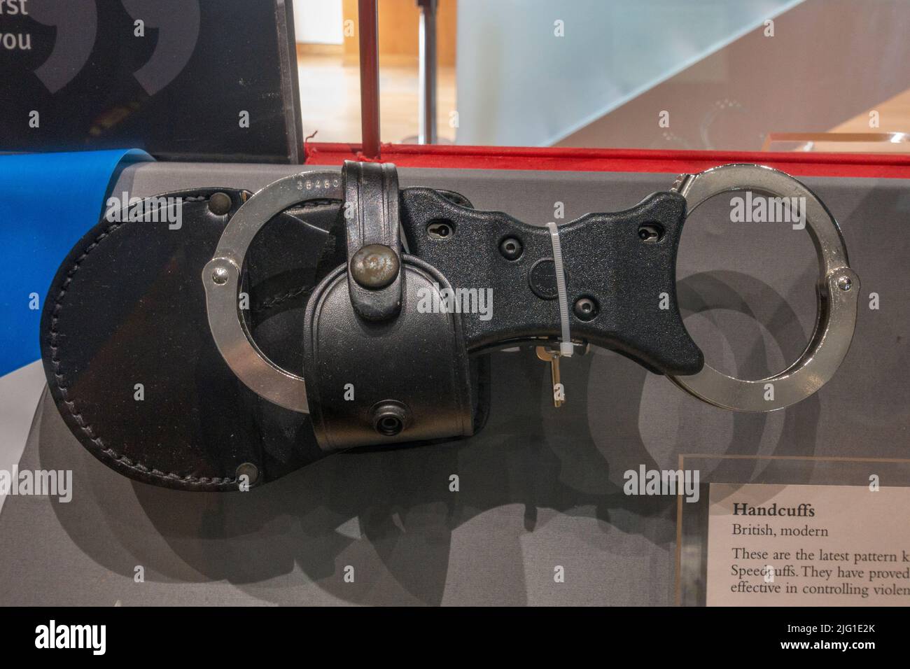 Modern British handcuffs known as speedcuffs on display in the Royal ...