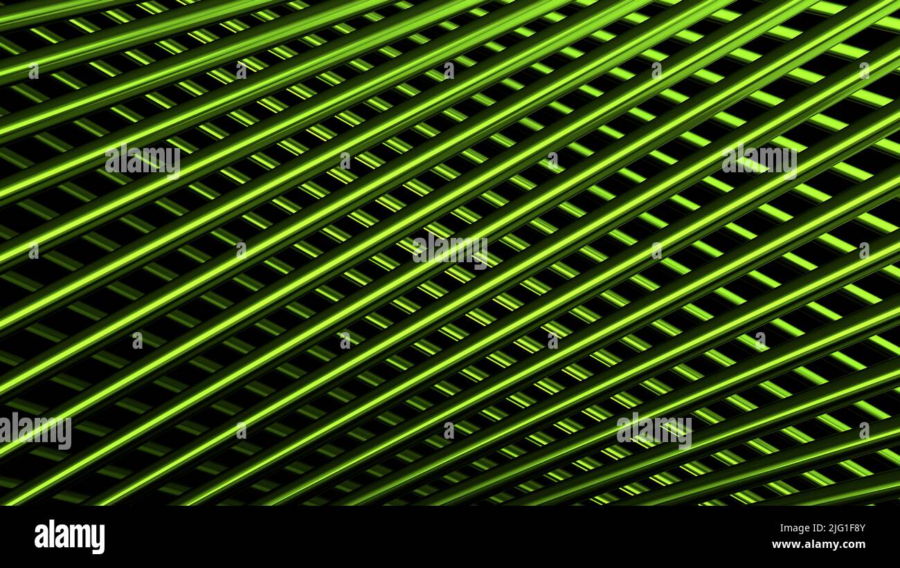 Green straight crossed metal tubes on a black background. Motion. Green ...