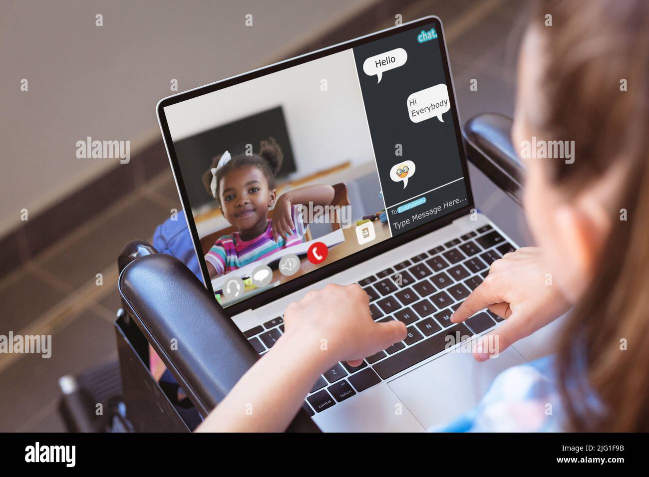 Caucasian girl learning from online class over video call on laptop ...