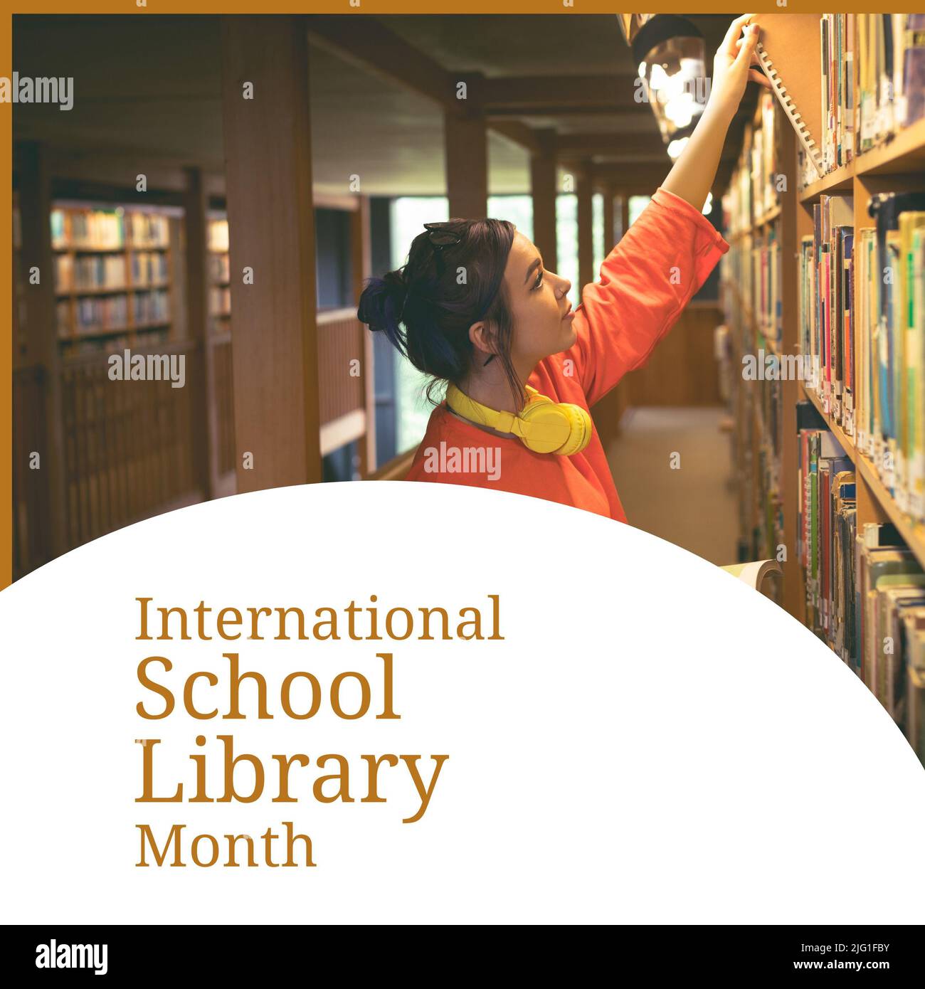 Young caucasian female student removing book from shelf, international ...