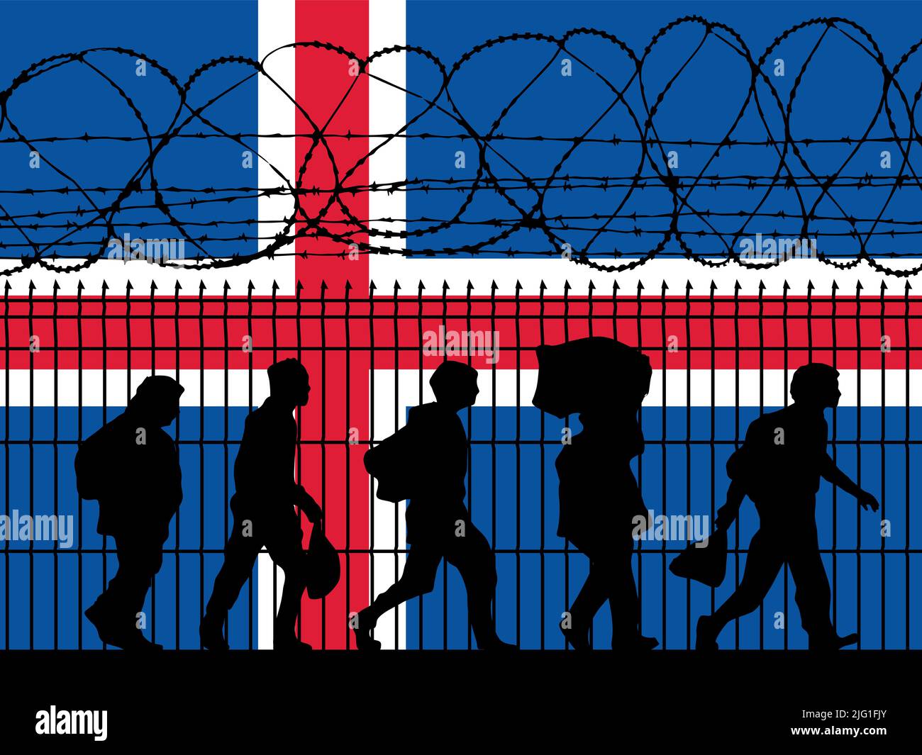 Flag of Iceland- Refugees near barbed wire fence. Migrants migrates to ...