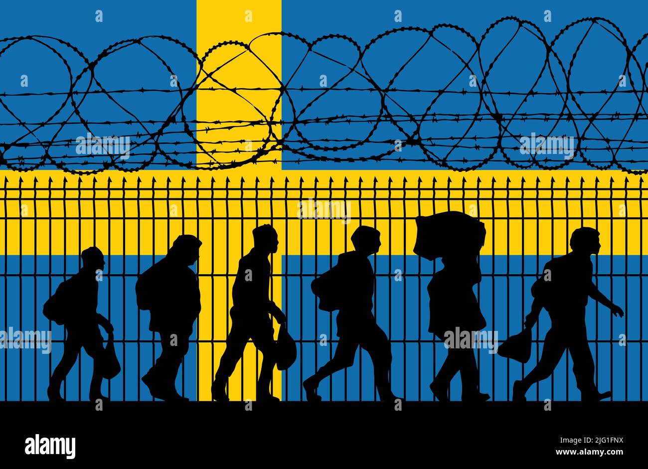 Flag of Sweden - Refugees near barbed wire fence. Migrants migrates to ...