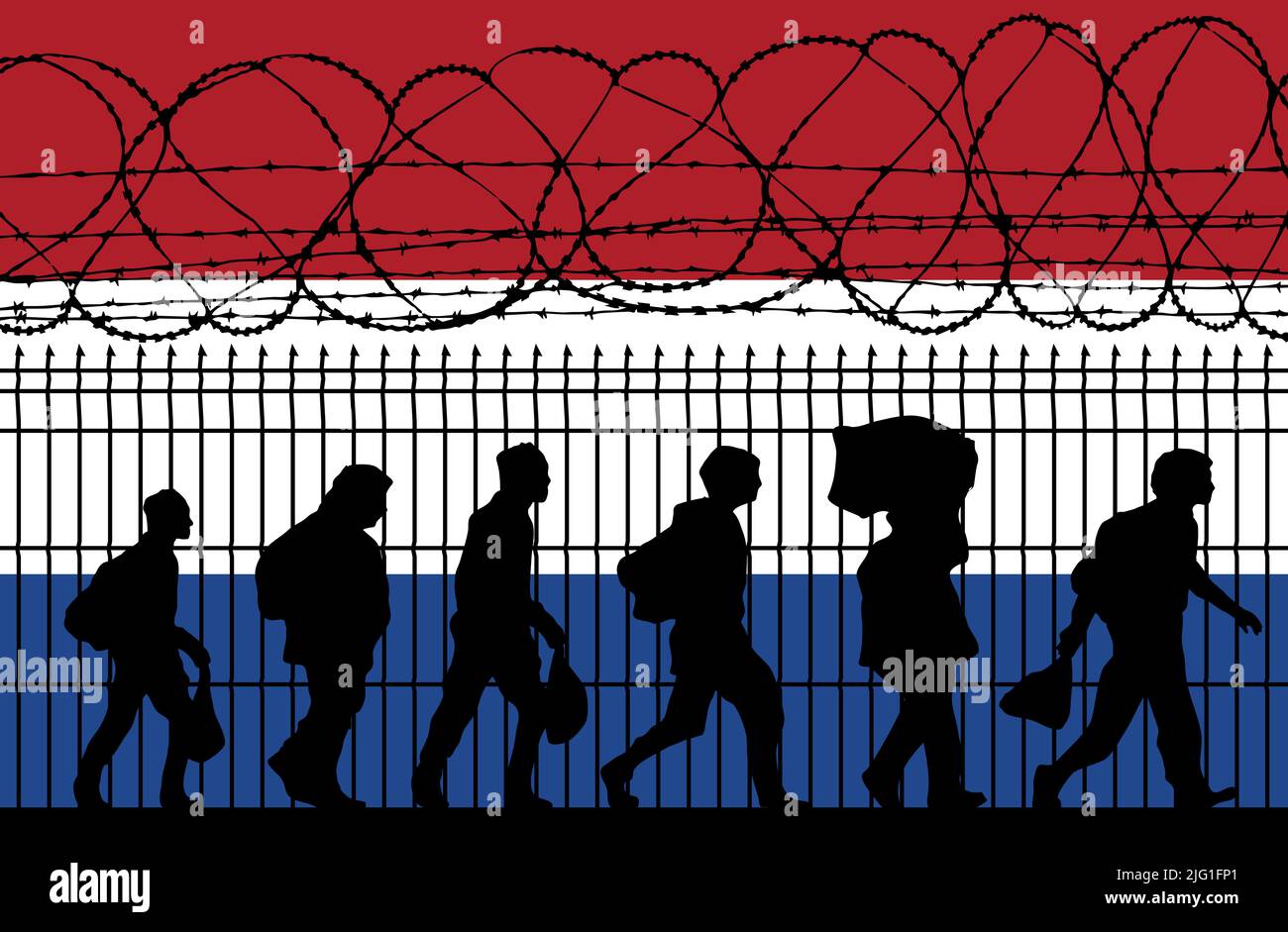 Flag of Netherlands - Refugees near barbed wire fence. Migrants ...