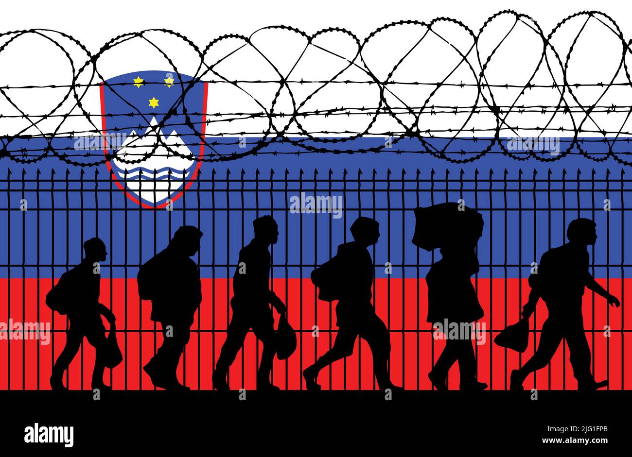 Flag of Slovenia - Refugees near barbed wire fence. Migrants migrates ...
