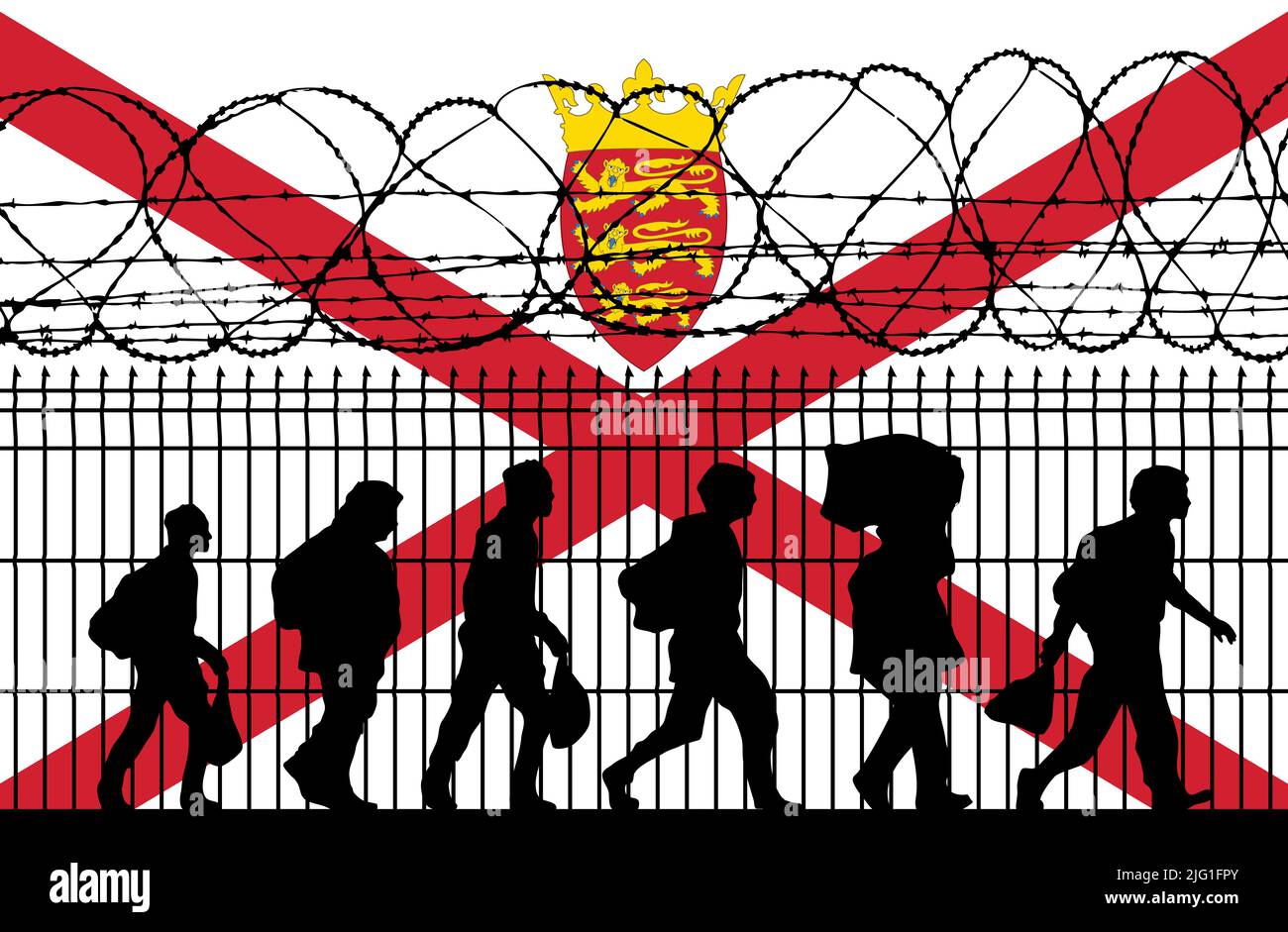 The flag of Jersey - Refugees near barbed wire fence. Migrants migrates ...