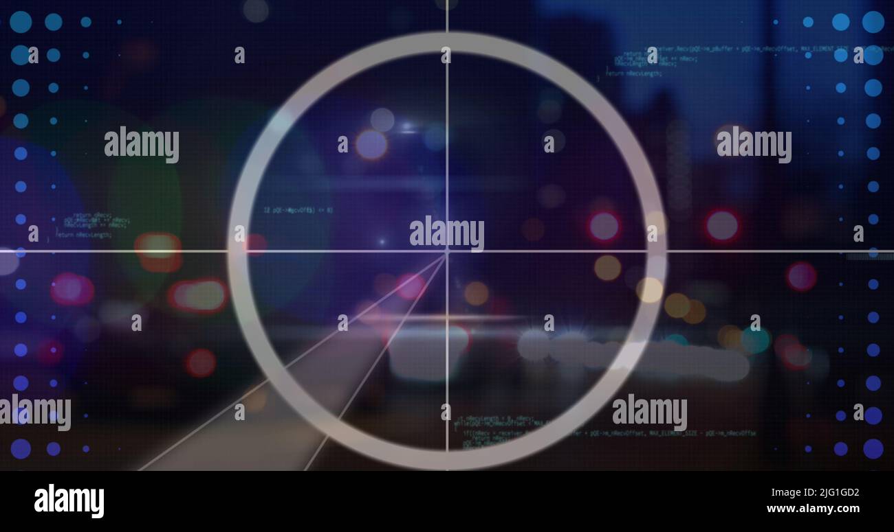 Image of blurred traffic lights over processing circle and dark space ...