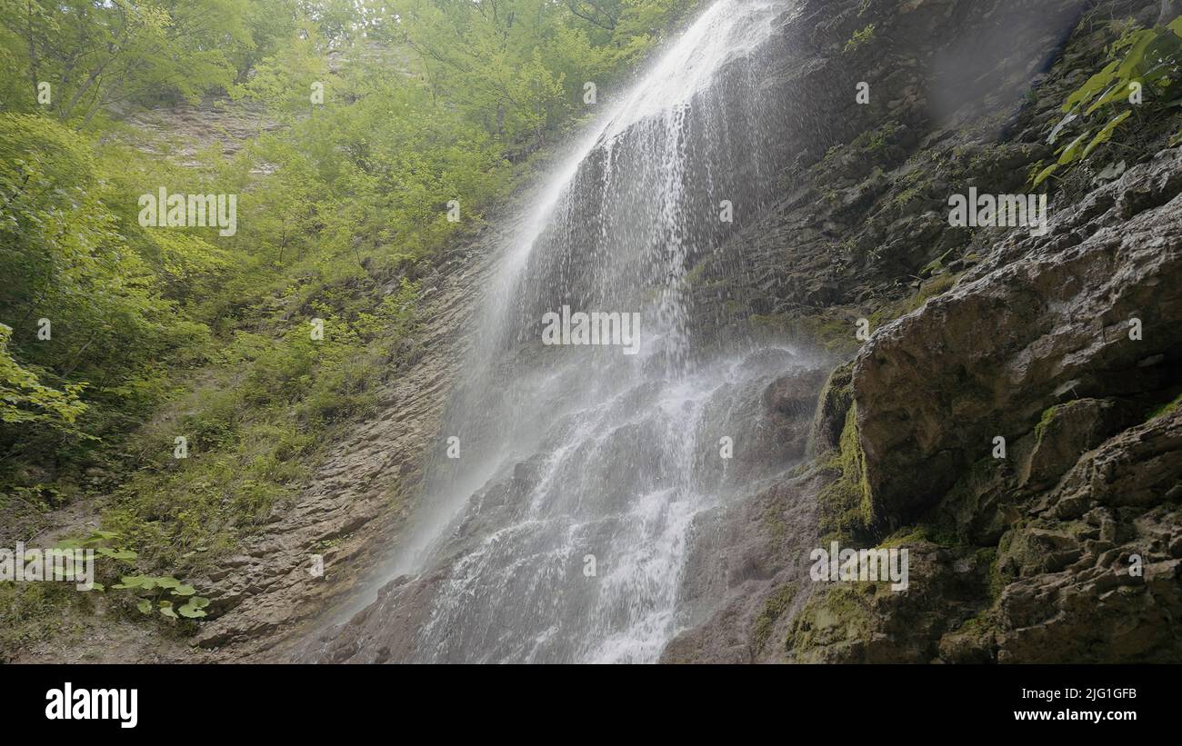 Bottom view of jungle waterfall on a summer day. Action. Lush green ...