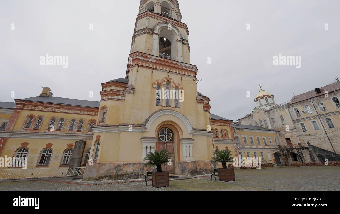 Bottom view of a church building with a tower. Action. Concept of ...