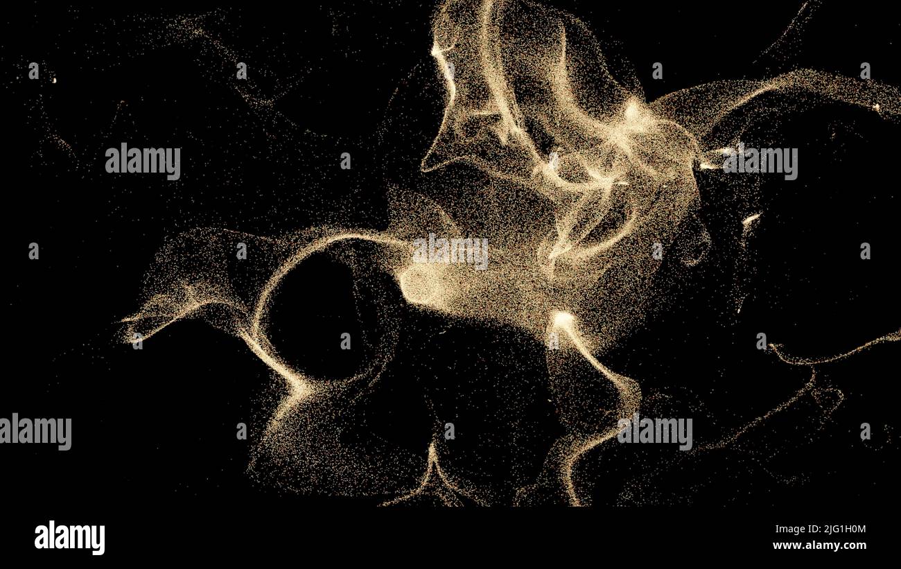 Abstract flying golden particles on a black background. Design. Space ...