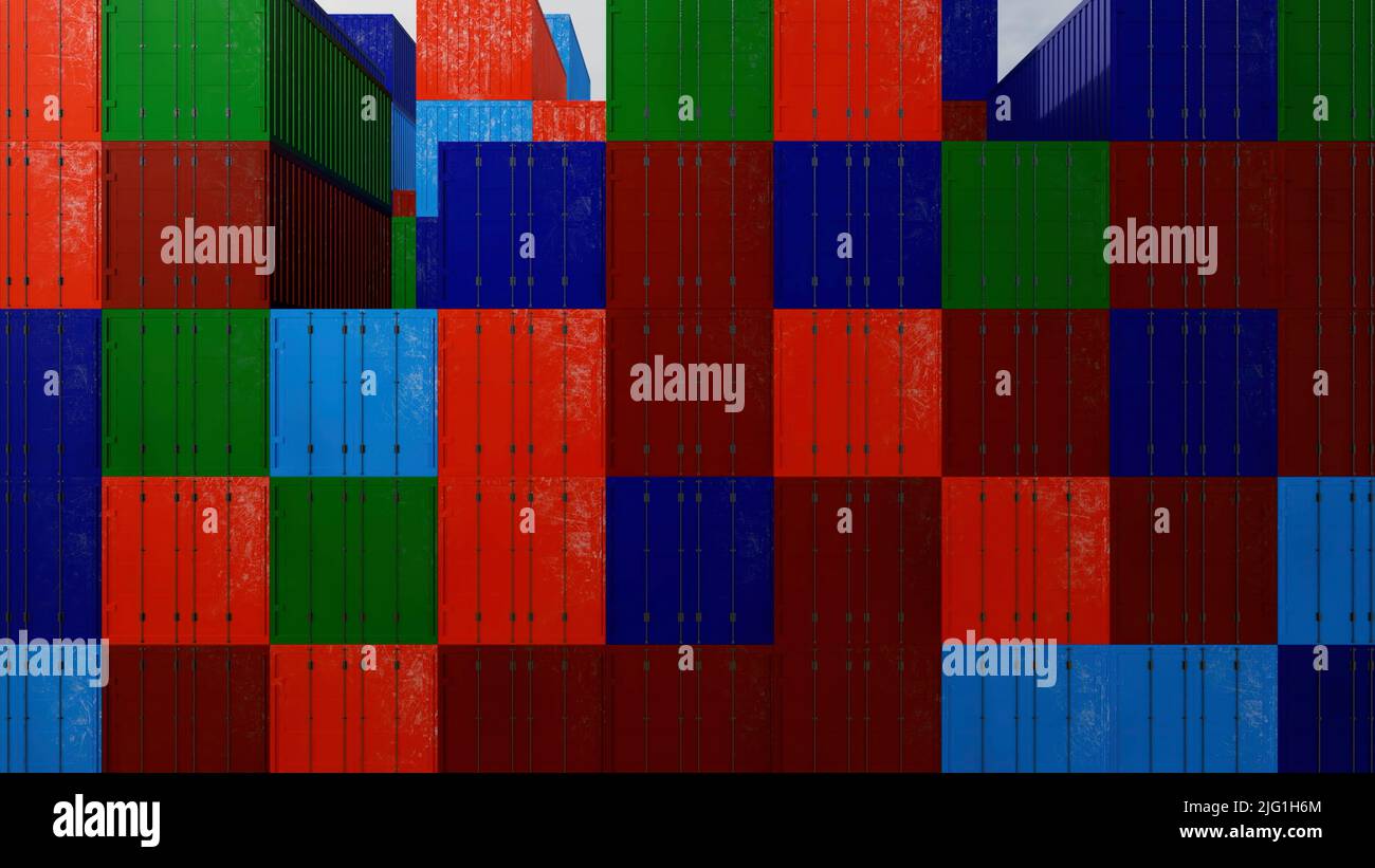 Close up of abstract stack freight containers loaded for transportation ...