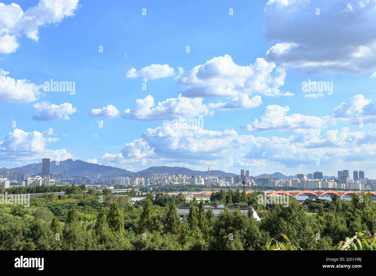 Seoul, Korea on a refreshing fall afternoon with crowded buildings at a ...