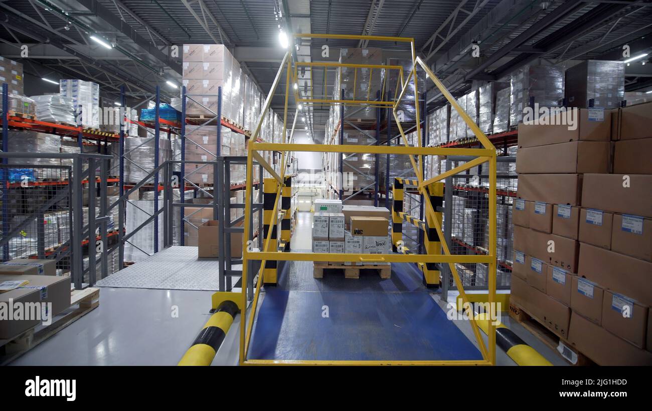 Moscow - Russia, 04.20.2022: high shelves and racks with boxes in ...