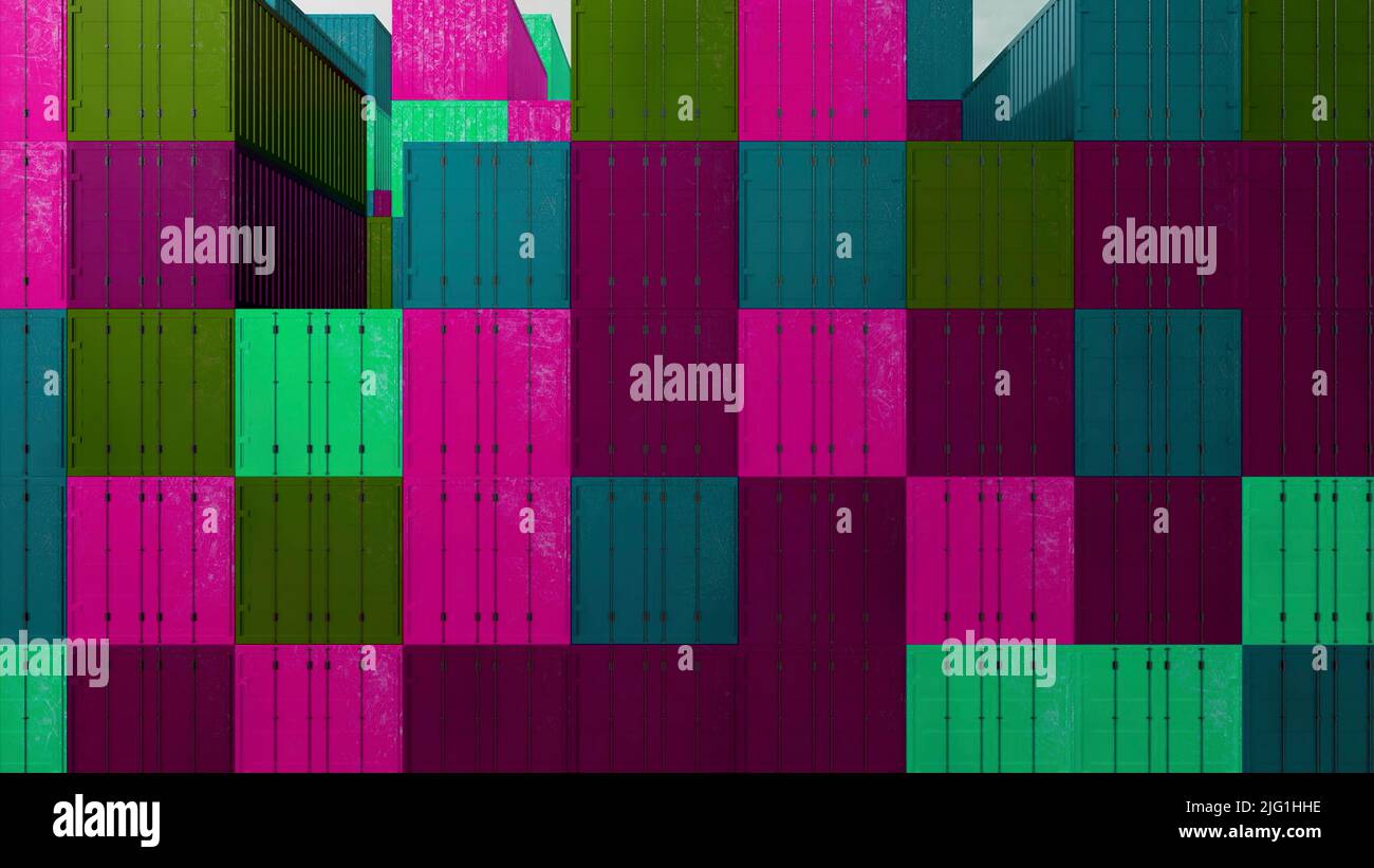 Moving along the rows of cargo shipping metal containers at the ...