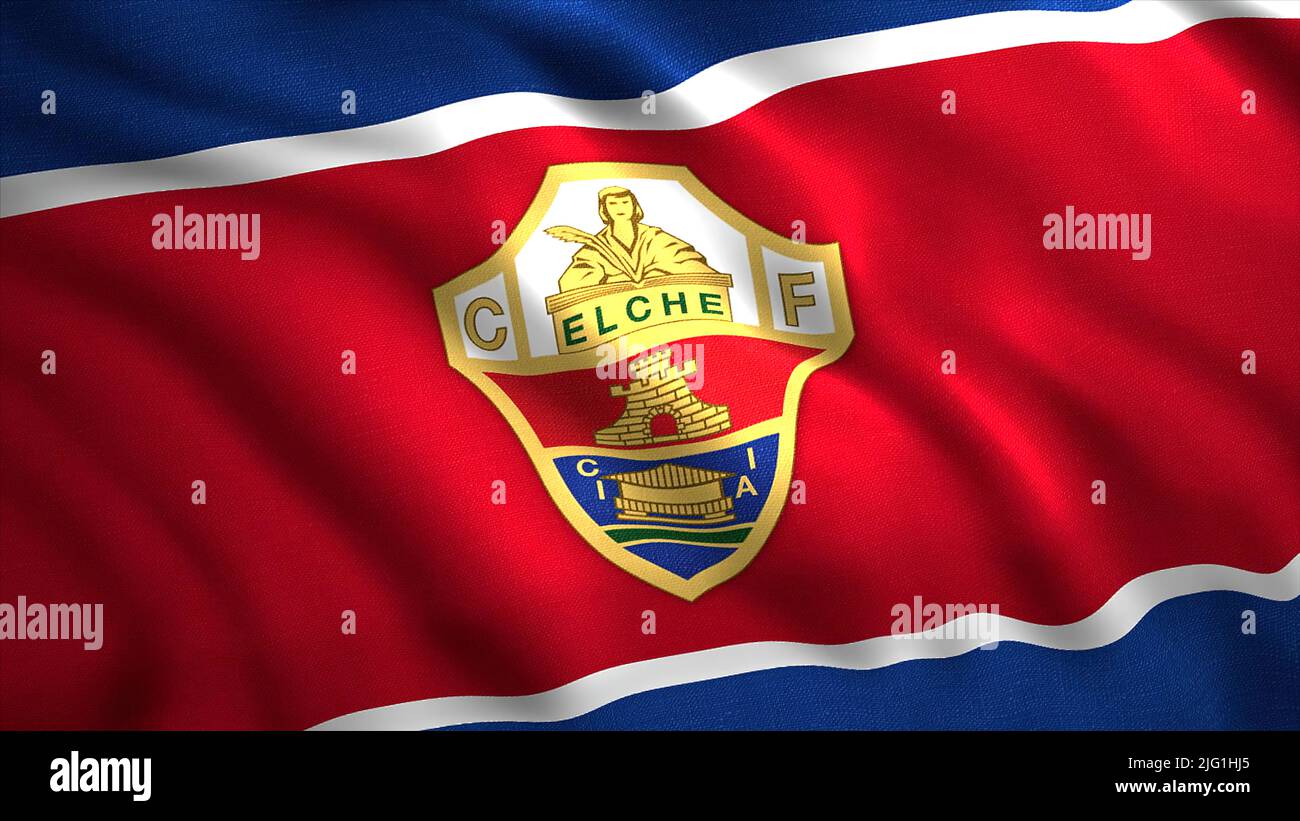 Elche spanish football club emblem on a striped blue and red flag ...