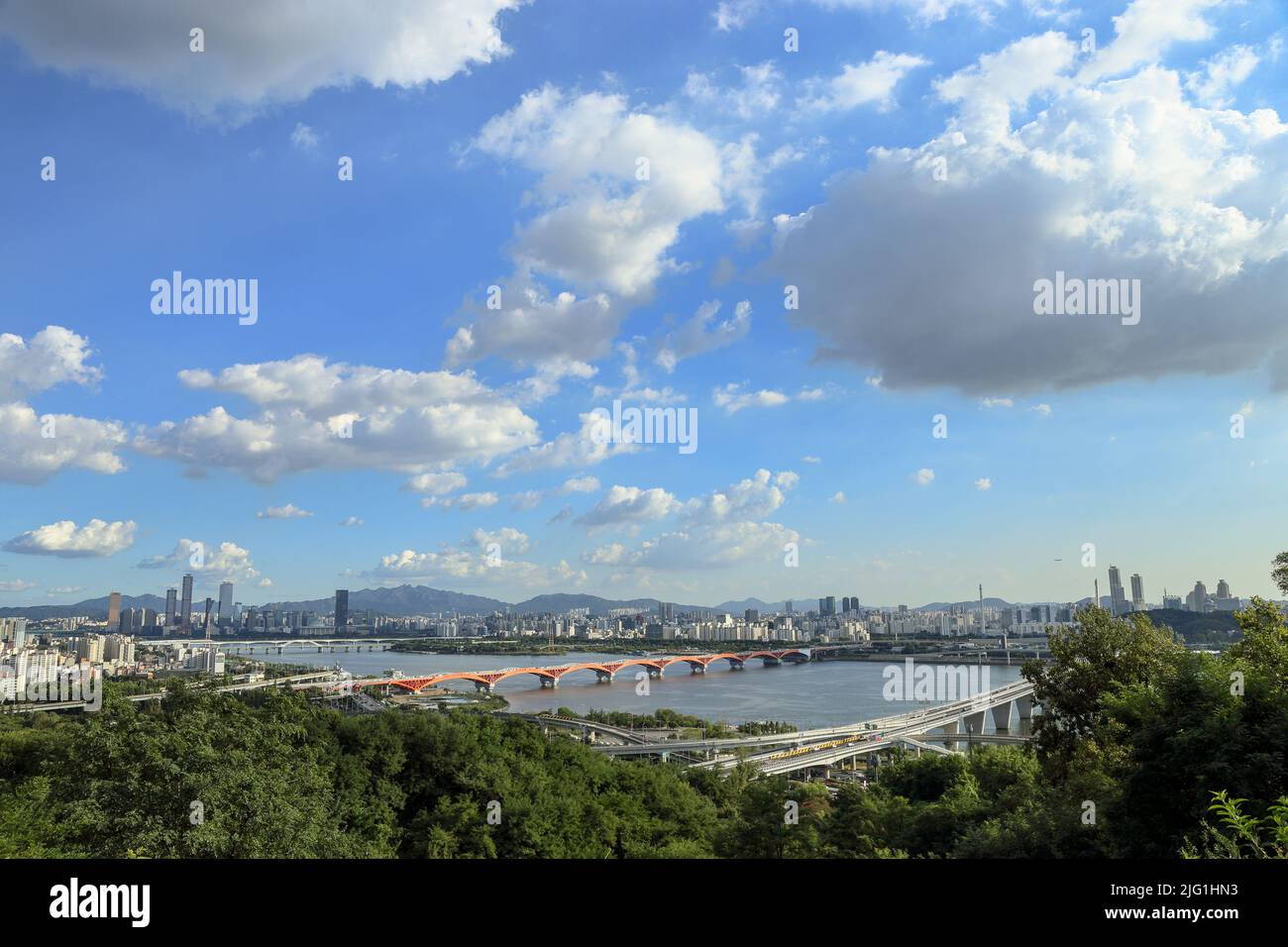 Seoul, Korea on a refreshing fall afternoon with crowded buildings at a ...