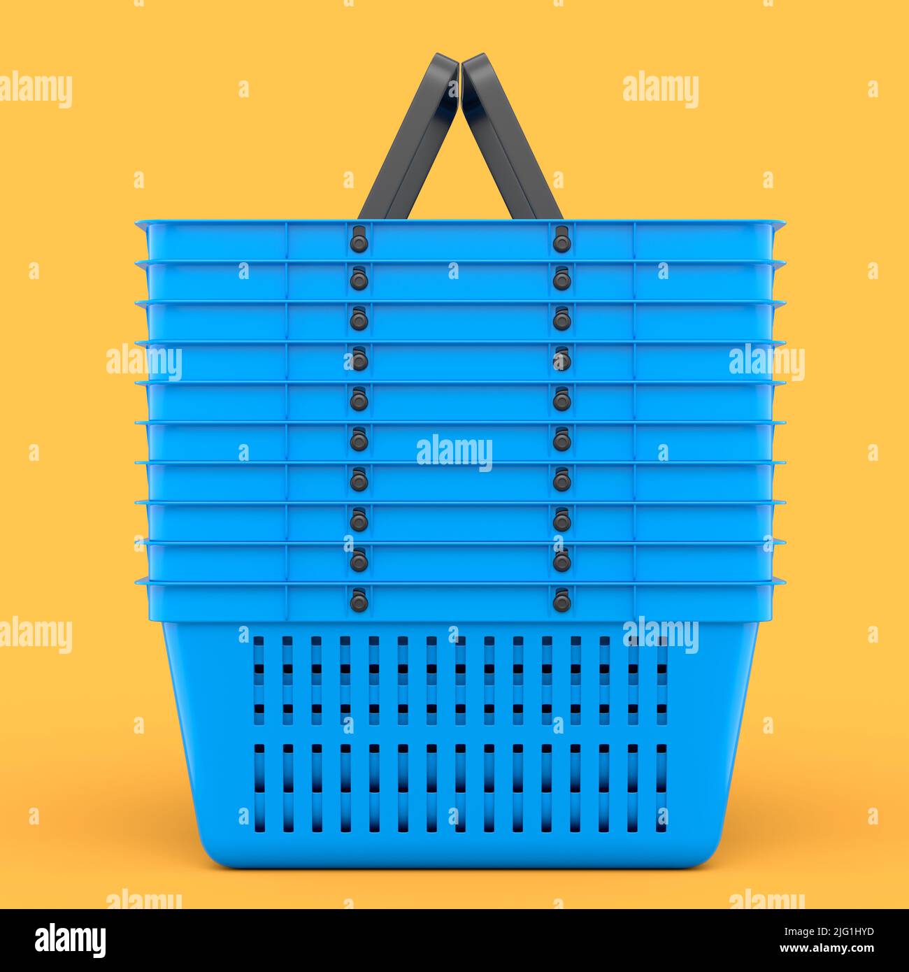 Stack of plastic shopping basket from supermarket on yellow background ...