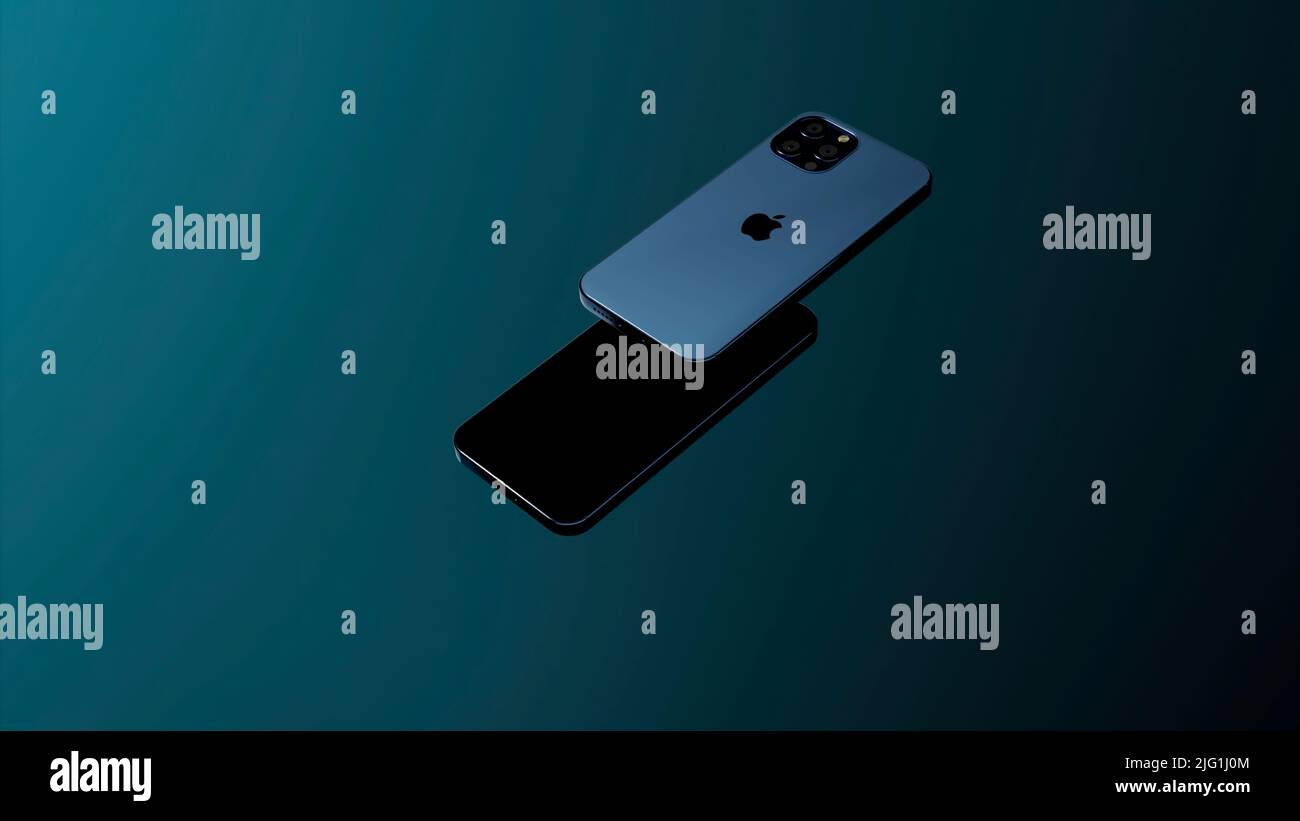 Two smartphones flying towards each other isolated on a dark gradient ...