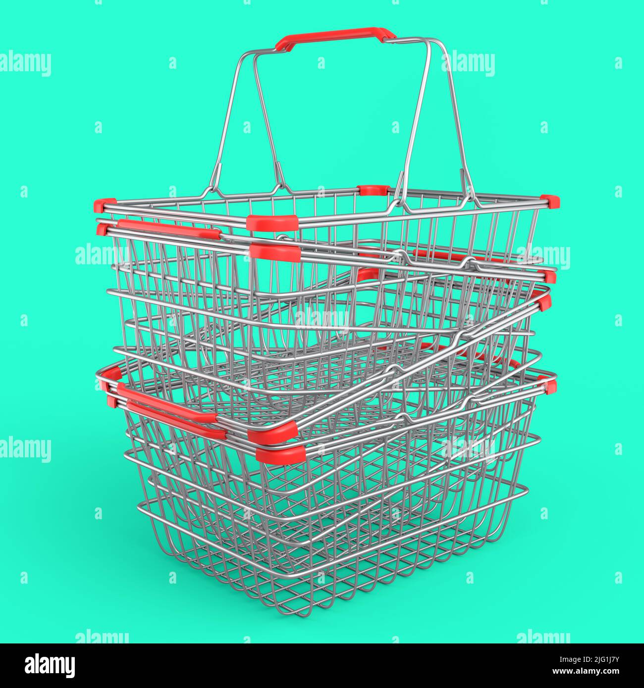 Stack of metalwire shopping basket from supermarket on green background ...
