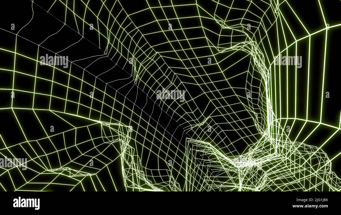 Bent spacetime grid tunnel. Design. Flying inside wormhole funnel ...