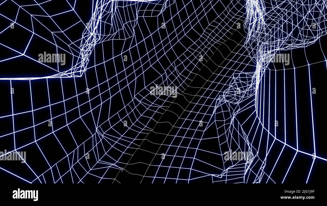 Bent spacetime grid tunnel. Design. Flying inside wormhole funnel ...