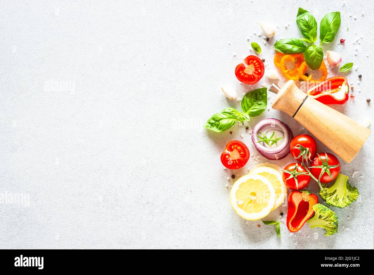 Food cooking background on white table Stock Photo - Alamy