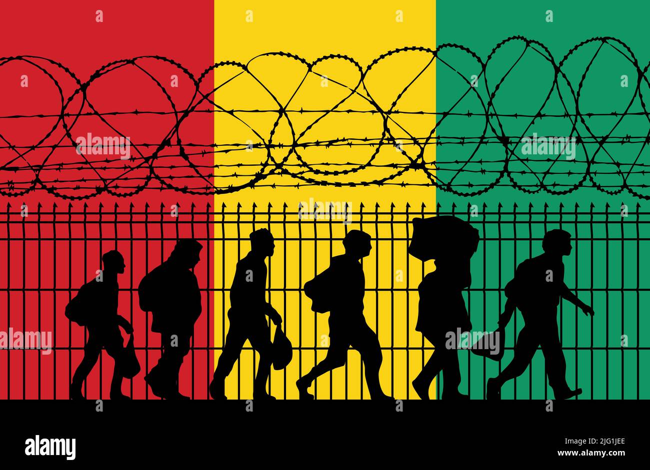 Guinea - Refugees near barbed wire fence. Migrants migrate to other ...