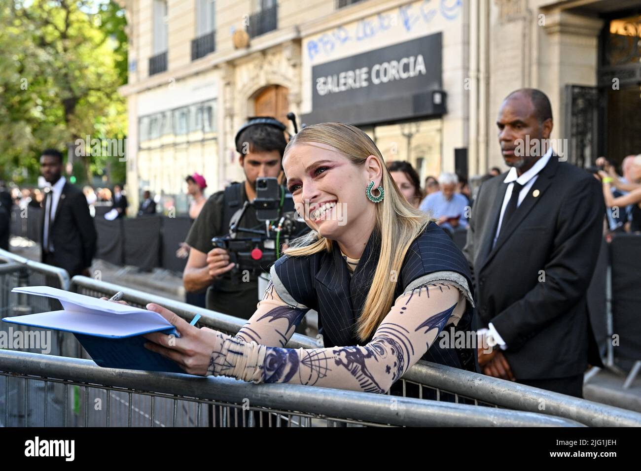 Camille Razat attending the Jean Paul Gaultier x Olivier Rousteing show ...