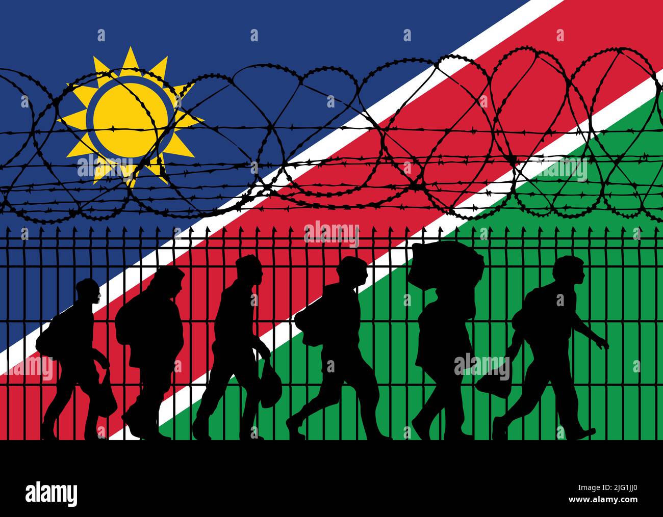 Namibia - Refugees near barbed wire fence. Migrants migrate to other ...