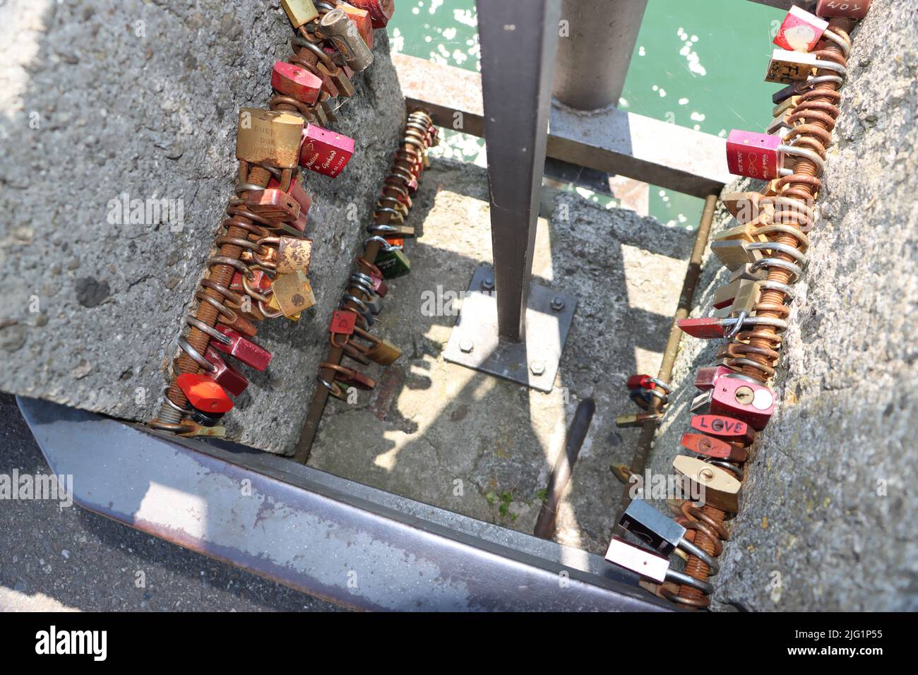 good luck locks at lindau harbour entrance. left by couples in love ...