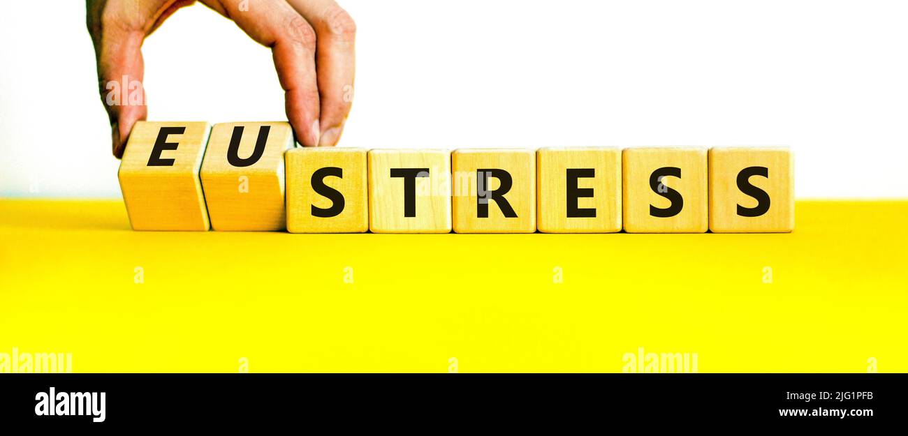 Eustress or stress symbol. Psychologist turns cubes and changes the ...